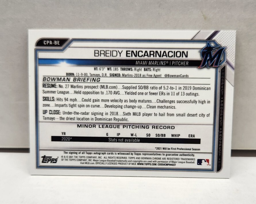 BREIDY ENCARNACION 2021 Bowman Chrome Prospects SPARKLE REFRACTOR AUTO ...