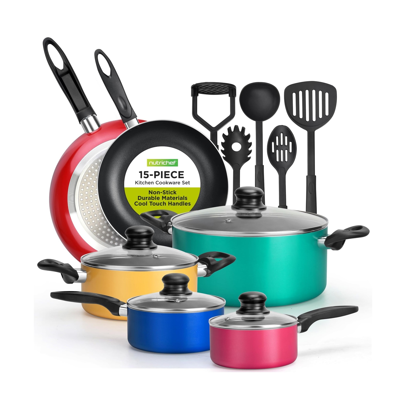 Vremi VR0041 Nonstick Cookware Set Colored Kitchen Pots and Pans, 15 ...