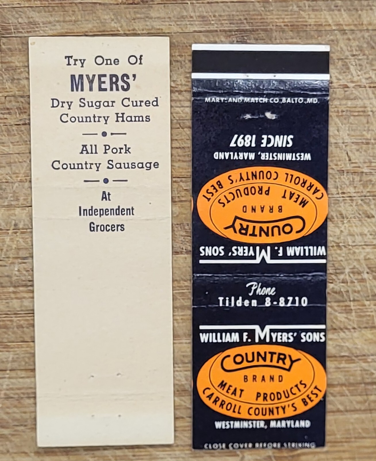 Matchcover Westminster Maryland William Myers Sons Country Brand Meat ...