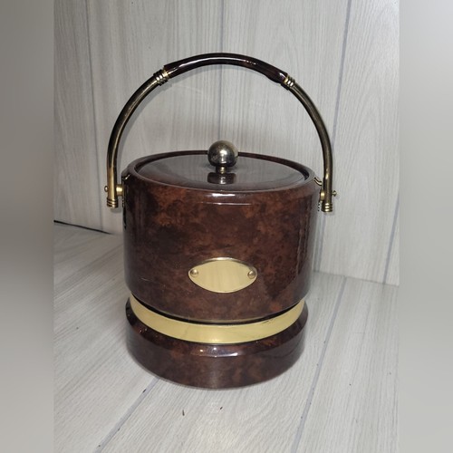VNTG Faux Tortoise Shell Large Ice Bucket Brown Vinyl With Gold Bonded ...