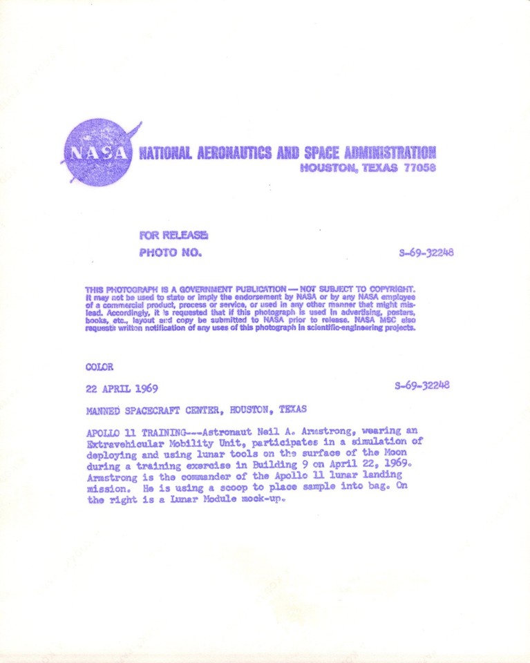 Apollo 11 Neil Armstrong Moon Tool Training MSC TX 1969 - Original NASA ...