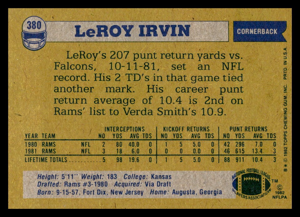 1982 Topps #380 LeRoy Irvin Los Angeles Rams RC Football Card EX | eBay