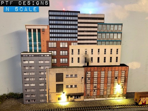 N Scale -9 City Buildings Collage Flat #2 -3D Background w/ LEDs ...