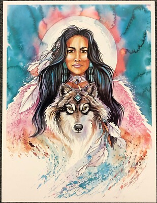 Vintage JAN TAYLOR PENCIL SIGNED Indian Squaw She Wolf Feather Moon 24 ...