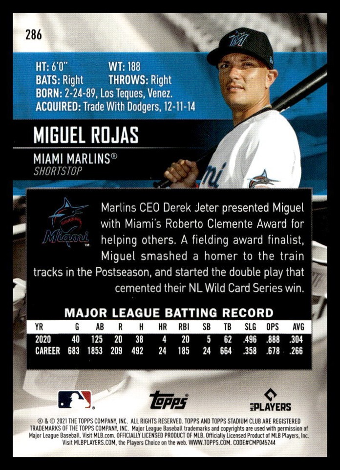 2021 Stadium Club #286 Miguel Rojas Miami Marlins | eBay