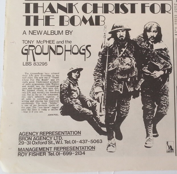 GROUNDHOGS Thank Christ For the Bomb 1970 rare Press ADVERT/clipping ...
