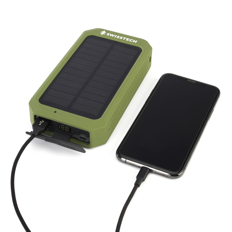 Swiss Tech 20000 mAh SOLAR PORTABLE POWER BANK / WIRELESS CHARGER ...