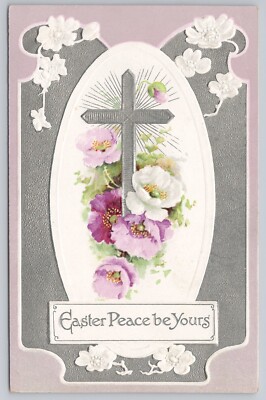 Easter Peace be Yours Silver Cross Flowers Silver Textured UNP Embossed ...