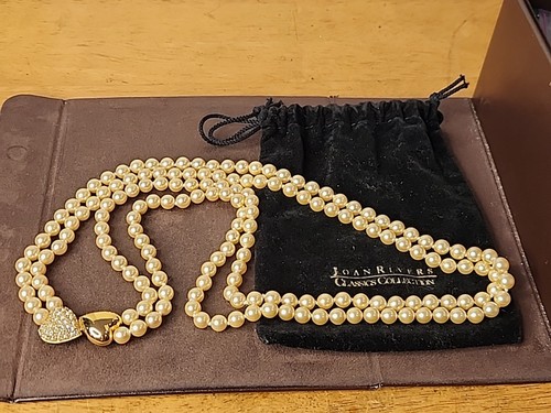 VINTAGE JOAN RIVERS DOUBLE STRAND PEARL NECKLACE PAVE HEART CLASP | eBay