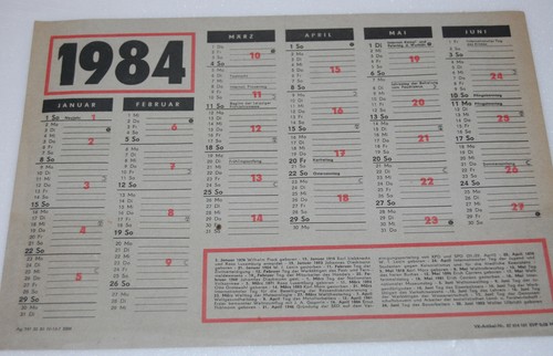 DDR Kalender 1984 - A4 Format 2 Seiten - Jahreskalender ohne ...
