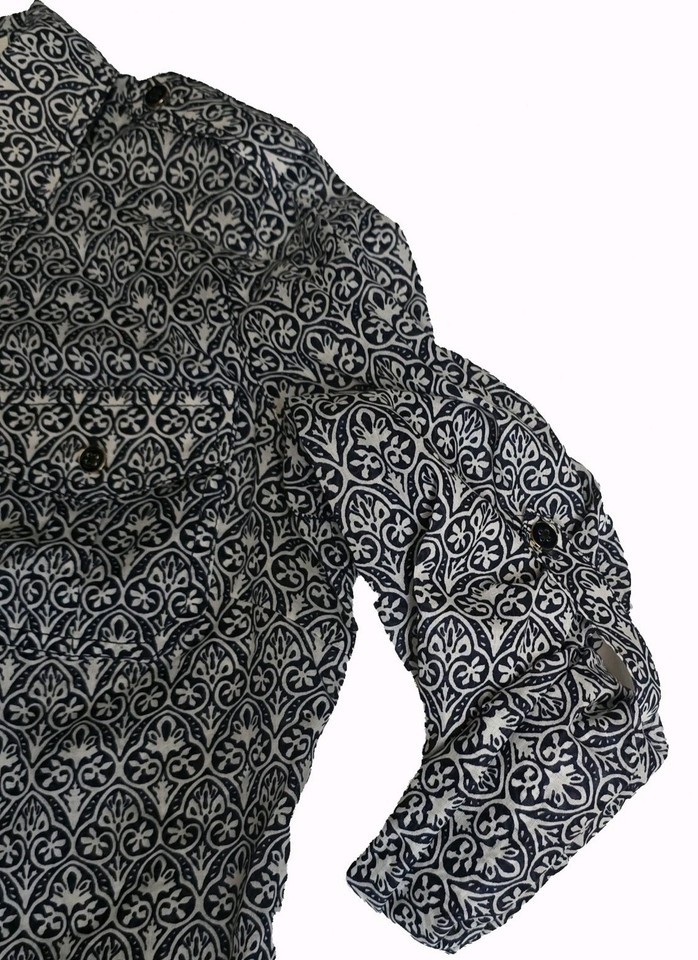 Tory Burch Blouse Navy White Print Cotton Jersey Roll Tab Sleeves ...