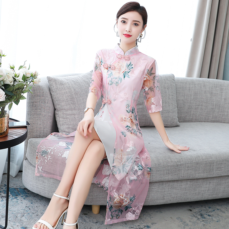 Ladies Flower Pattern Cheongsam Mesh Qipao Dress Side Slit Half Sleeve ...