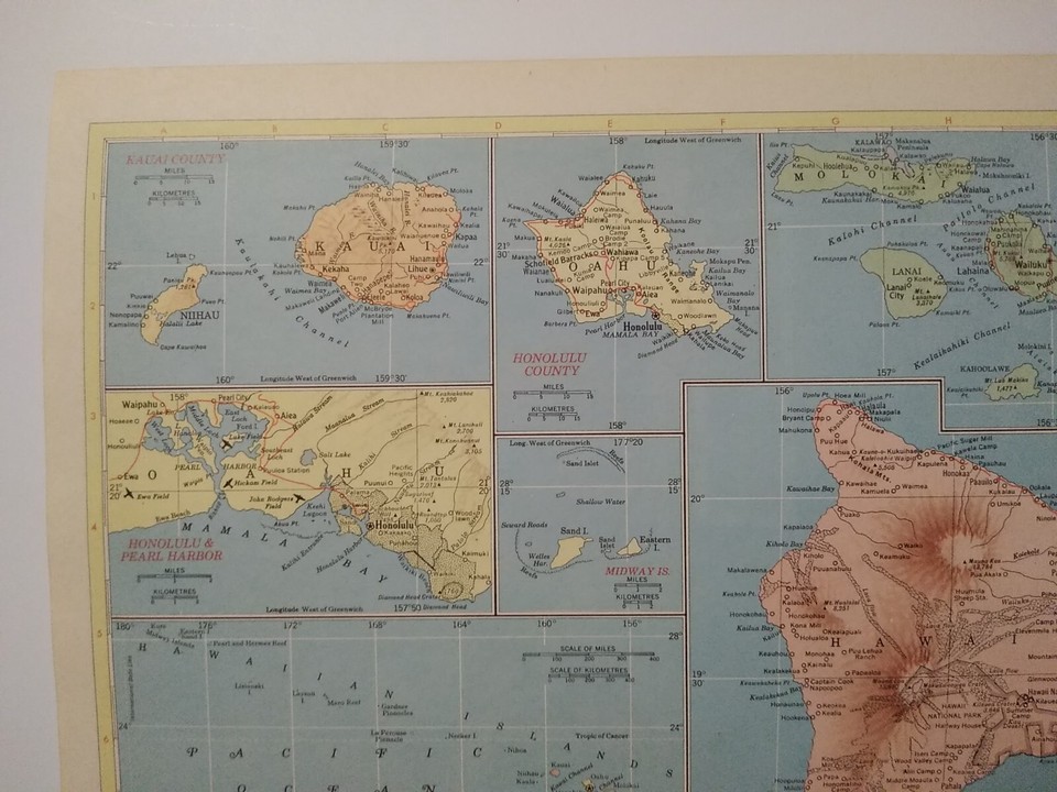 1956 Antique HAWAII Atlas Map Vintage Hammond's Family Reference World ...