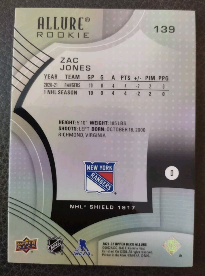 2021-22 Upper Deck Allure Rookie NHL Shield 1917 Zac Jones New York ...