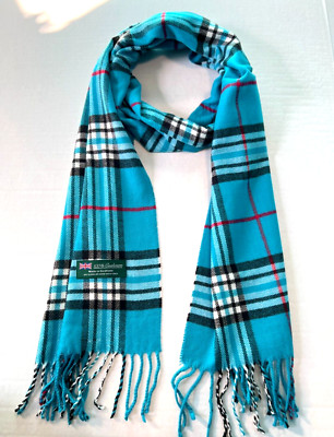 Womens Winter Warm SCOTLAND Made 100% CASHMERE Scarf Plaid Turquoise ...