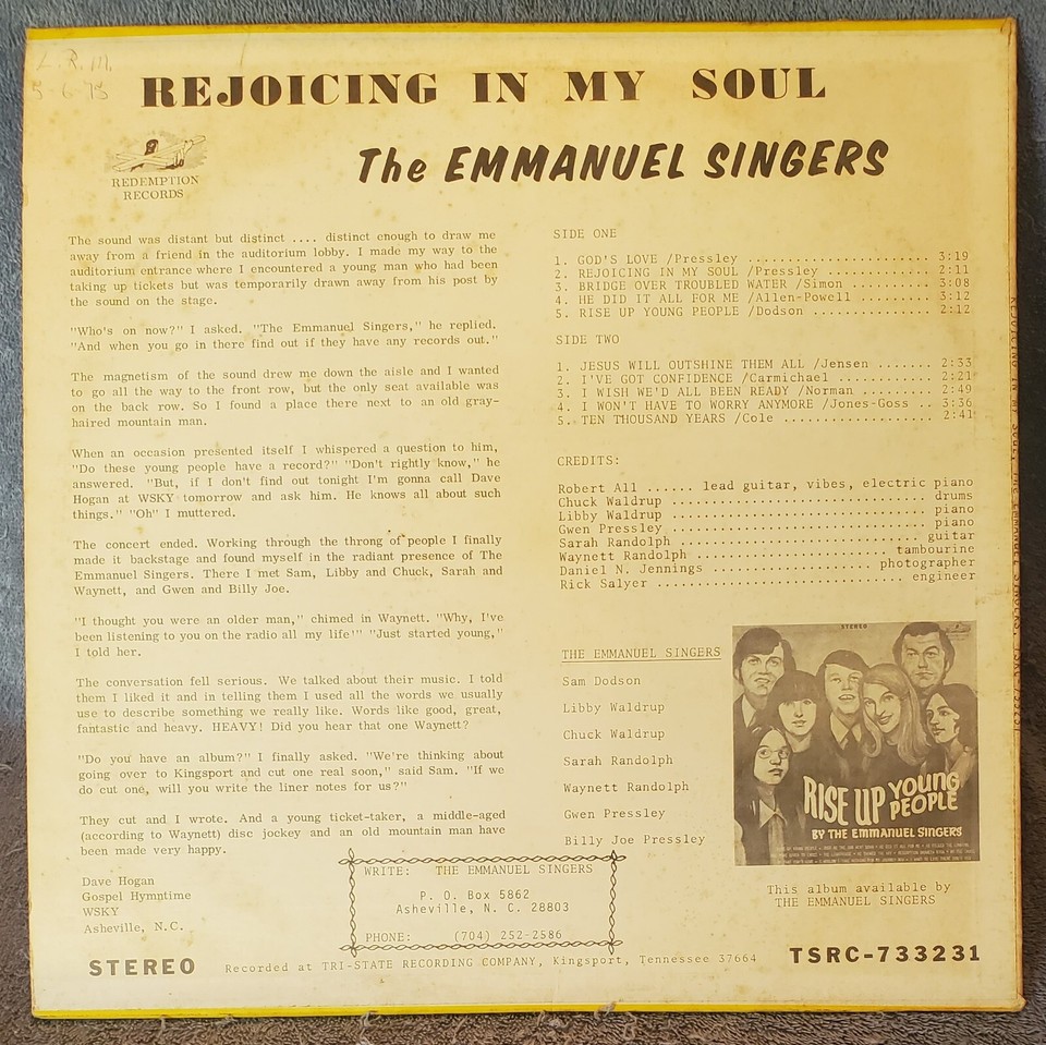 EMMANUEL SINGERS Rejoicing In My Soul LP Gospel REDEMPTION Records # ...