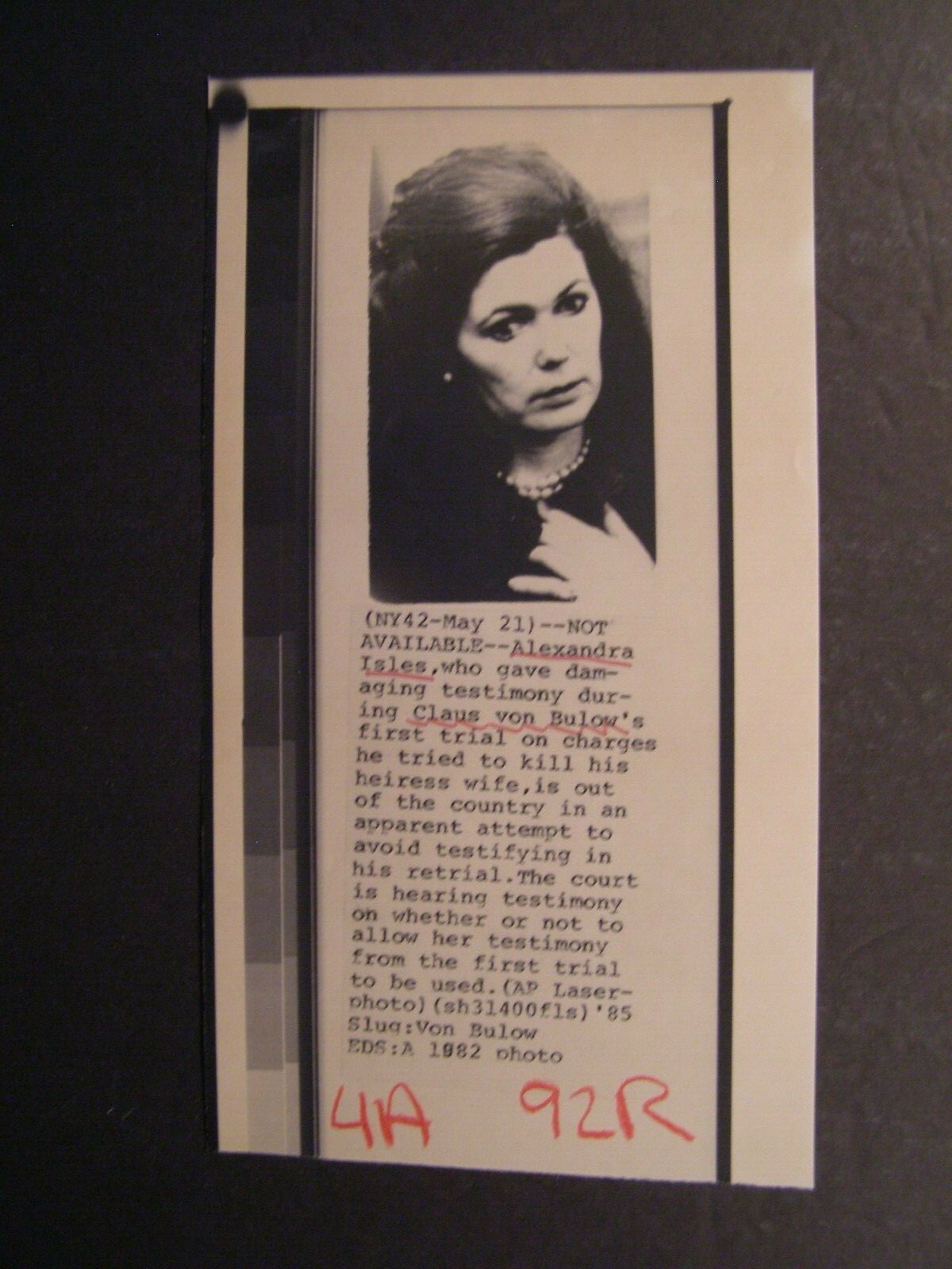 AP Wire Press Photo 1985 Alexandra Isles out of Country Claus von Bulow ...