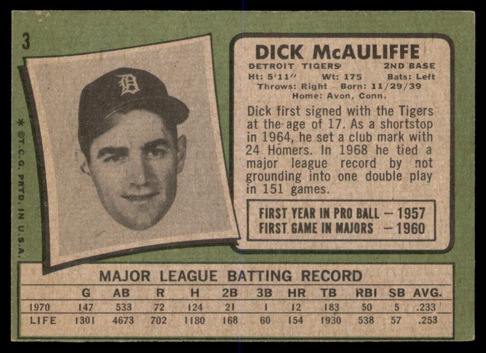 1971 Topps #3 Dick McAuliffe | eBay
