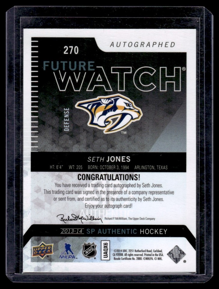 2013-14 SP Authentic Future Watch Autograph Rookie Seth Jones RC Auto ...