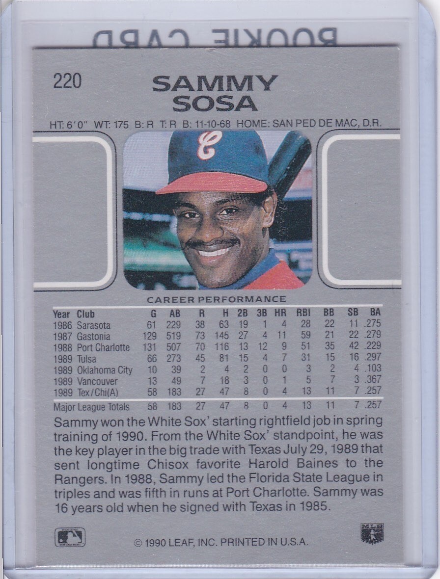 SAMMY SOSA ROOKIE CARD 1990 Leaf Baseball Chicago White Sox CUBS RC ...