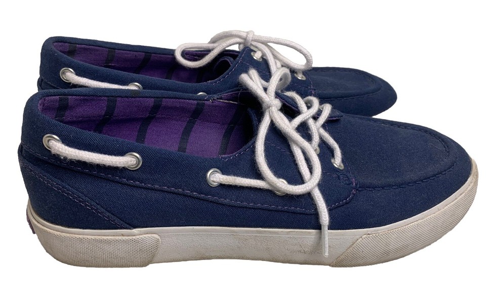 Polo Ralph Lauren Devin Boat Shoes Women 9 B Navy Blue Canvas White ...
