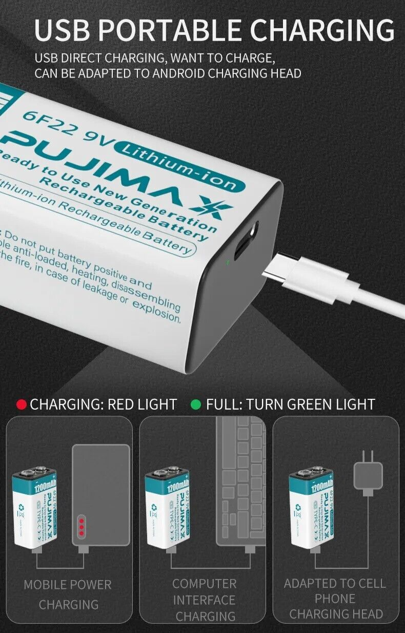 9v PP3 block 1200mAh lithium Li-ion battery rechargeable by USB | eBay UK