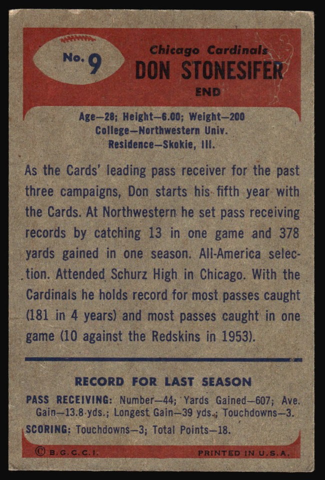 1955 Bowman Don Stonesifer #9 Chicago Cardinals | eBay