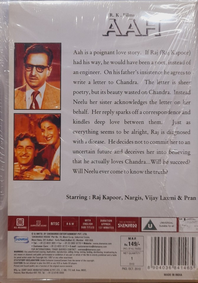 Aah - Raj Kapoor, Nargis - Bollywood Hindi Movie DVD, All Region, Eng ...