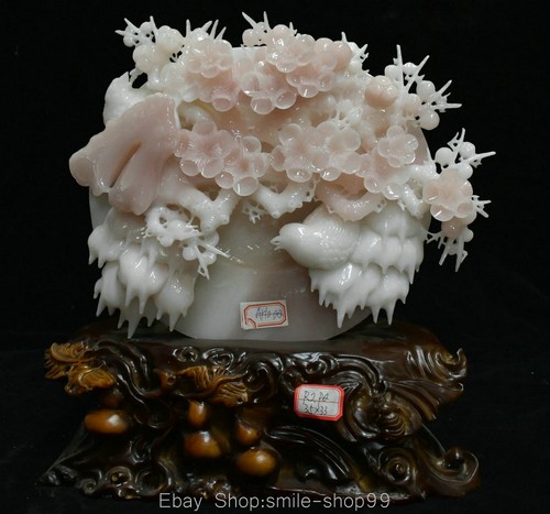 15" Chinese Natural Pink Xiu Jade Carved Fengshui Flower Birds ice cake ...
