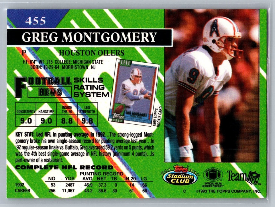 1993 TOPPS STADIUM CLUB CARD # 455 Greg Montgomery - Houston Oilers | eBay