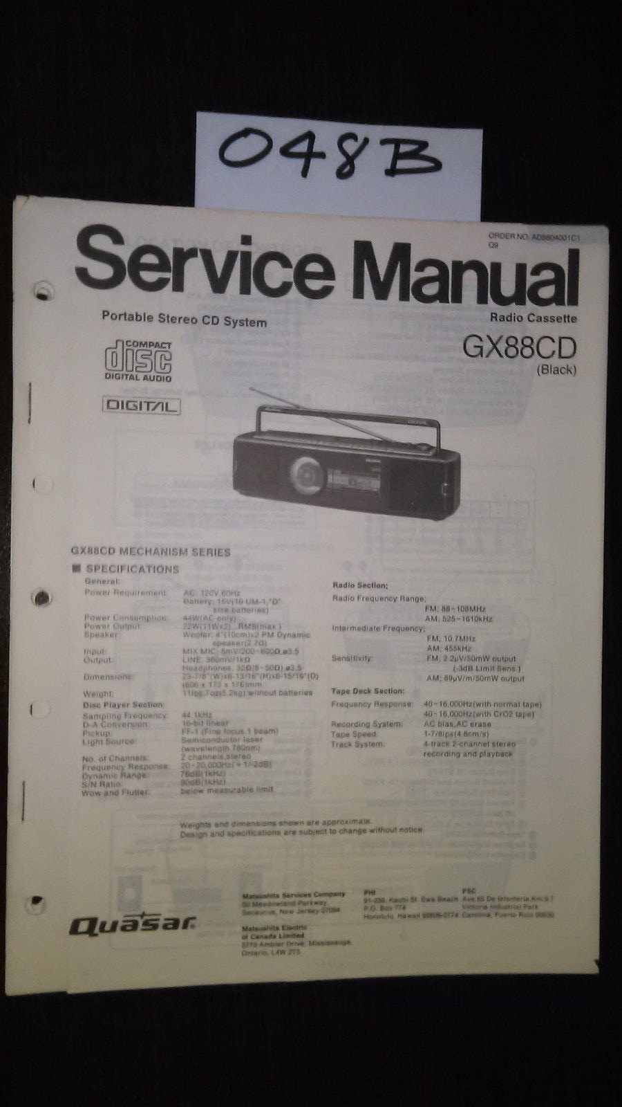 Quasar GX88cd service manual stereo cd compact disc player original ...
