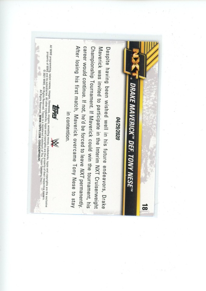 2021 Topps WWE NXT Drake Maverick def Tony Nese #18 Blue Parallel 23/50 ...