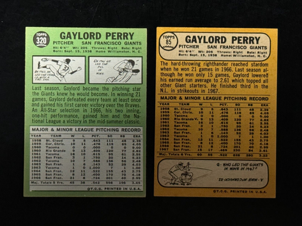 Gaylord Perry, 1967 & 68 Topps, #'3 320 and 85, 2 Card Lot, All Cards ...