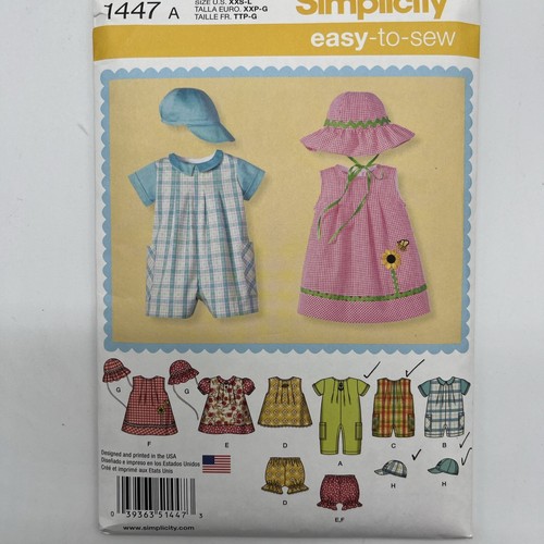 Simplicity 1447 Babies Romper Dress Top Panties Hats Sewing Pattern ...