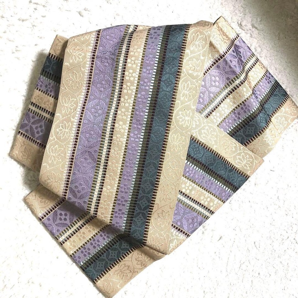 Obi Pure silk two-part half-width obi beige with purple-green stripes ...