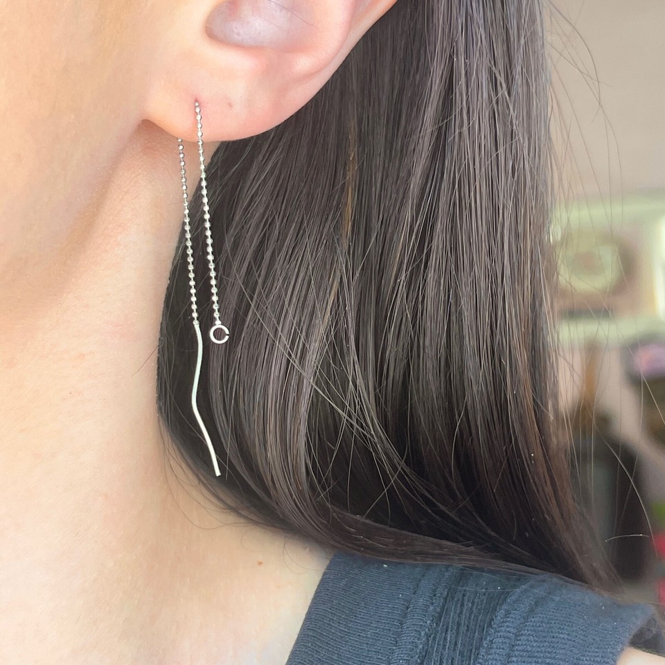 14KT White Gold Threader Ball Chain Ear Wires w/ Open Ring Dangle ...