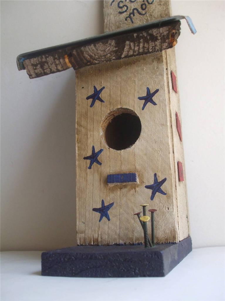 Vintage Rustic Handmade Birdhouse Wooden House Tin Roof Blue Star Motel ...