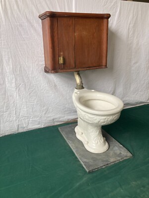 Antique White Porcelain Ornate Embossed Toilet Bowl Oak Tank Vtg Acme ...