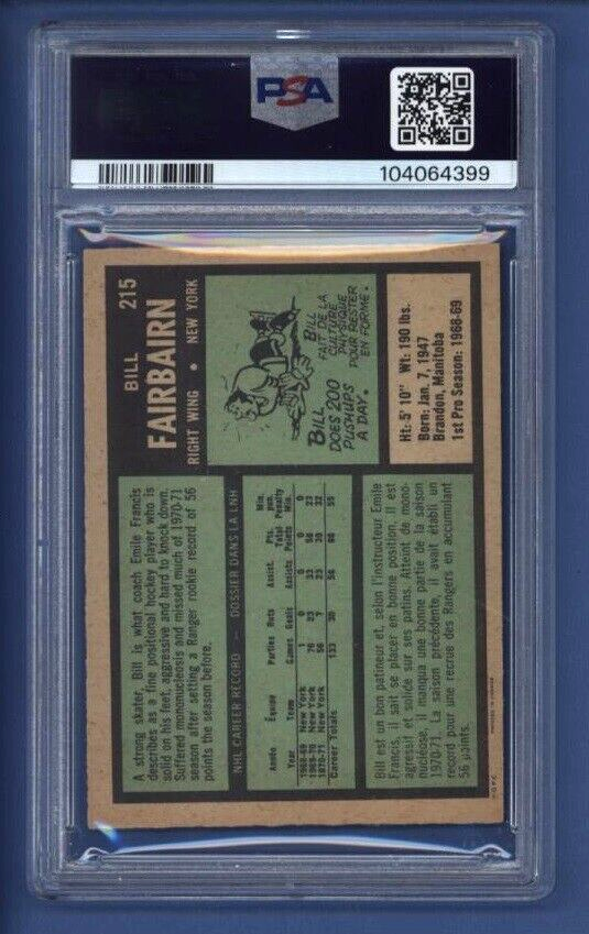 1971-72 OPC #215 BILL FAIRBAIRN PSA 8 NM-MT New York Rangers *CENTERED ...