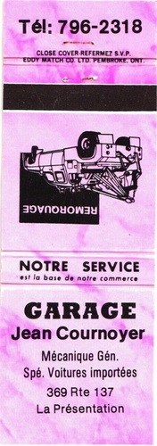 La Présentation Quebec Canada Garage Jean Cournoyer Vintage Matchbook ...