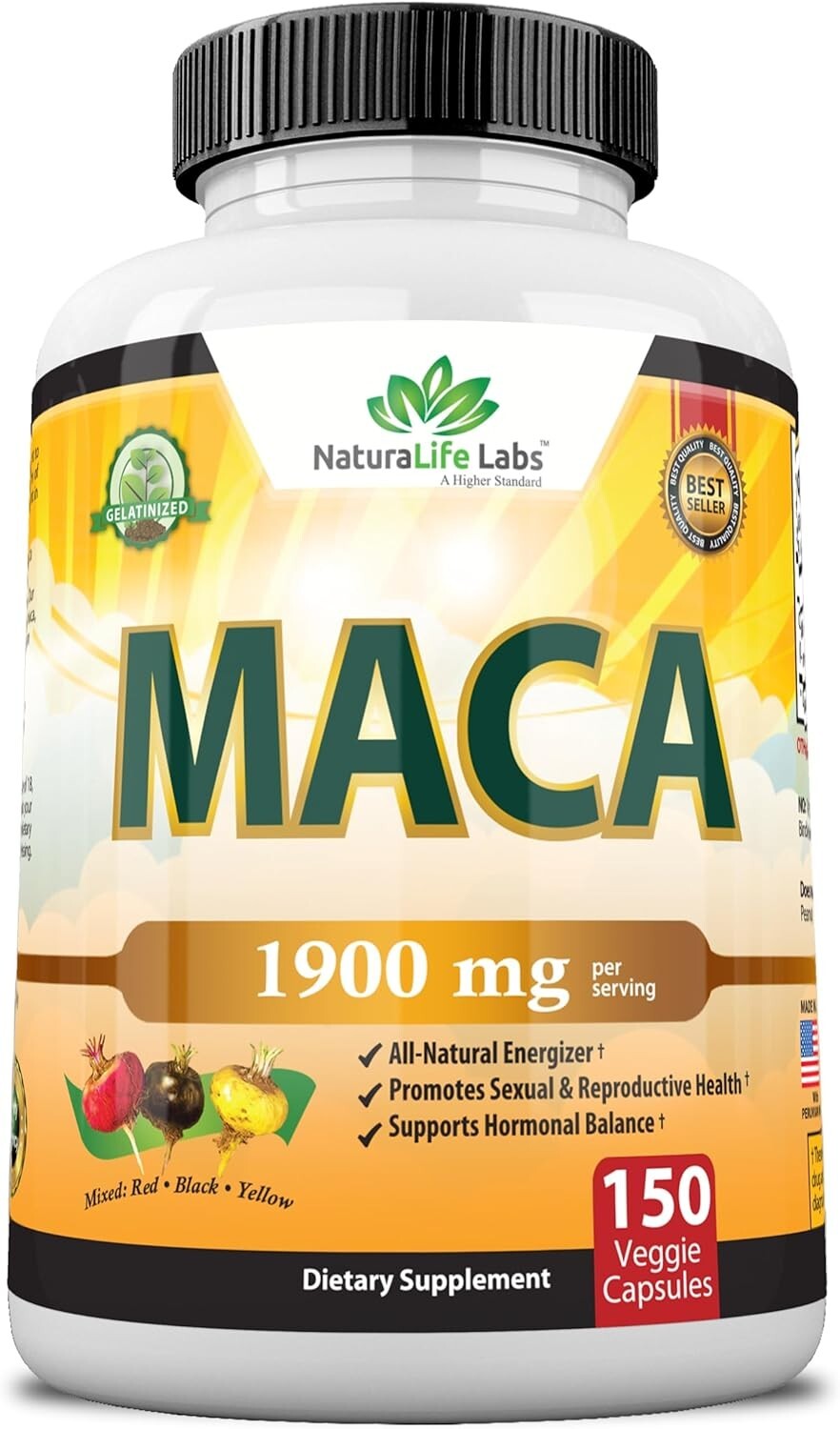 Organic Maca Root Black, Red, Yellow 1900 MG per Serving - 150 Vegan ...
