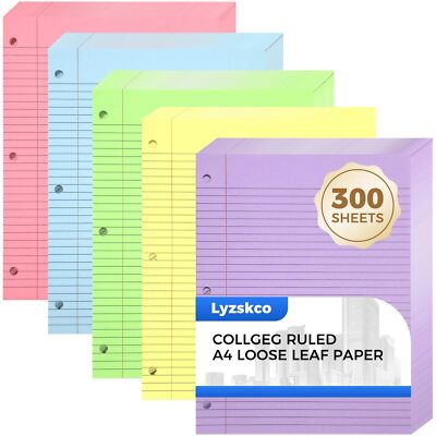 300 Sheets Loose Leaf Binder Paper Colorful College Ruled Paper 3-Hole ...