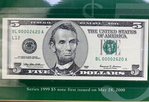 1999 $5.00 BEP Deluxe Low Serial Numbered Note (BL) Consecutive Notes ...