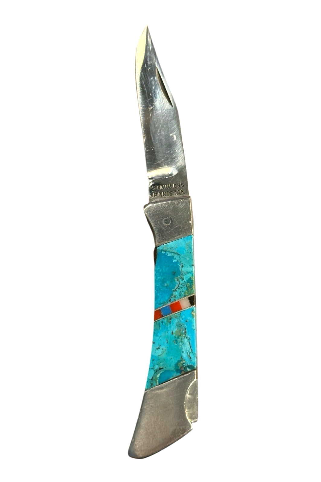 Pocket Knife Turquoise & Stone Inlay Handle Single Stainless Blade Easy ...