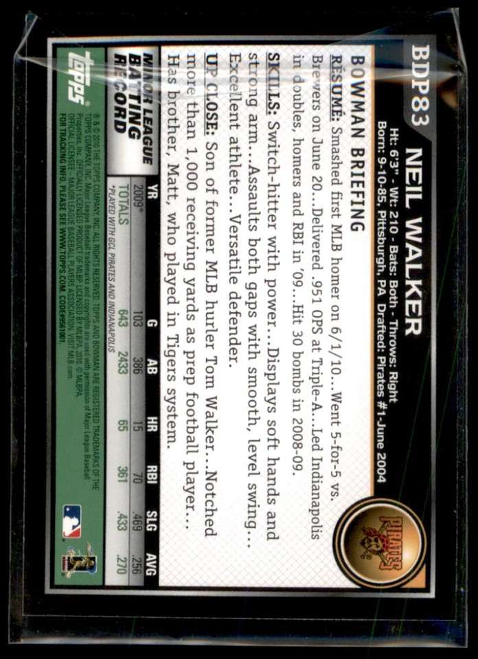 2010 BOWMAN DRAFT PICKS & PROSPECTS GOLD NEIL WALKER PITTSBURGH PIRATES ...