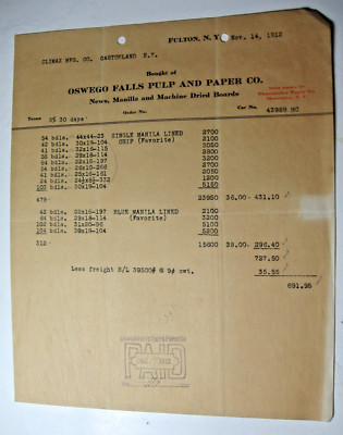 Nov. 14, 1912 Oswego Falls Paper Co. Invoice Sent to Company in ...