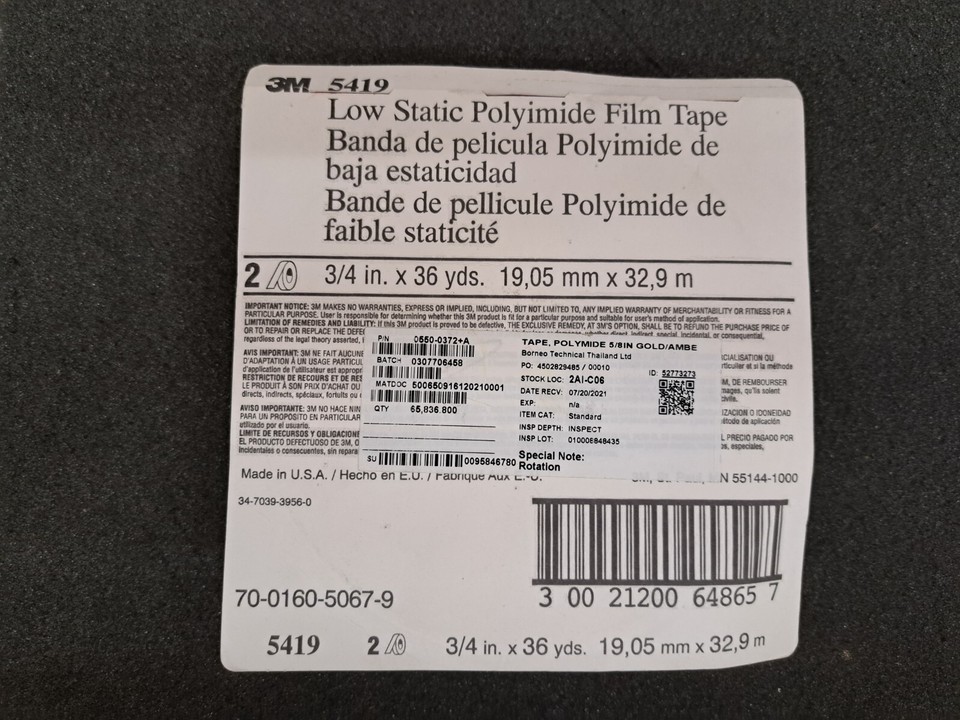 New, 3M, 5419, 70-0160-5067-9, Low Static Polyimide Tape - 3/4 in. x 36 ...