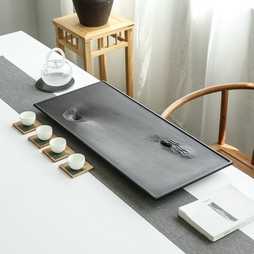 black stone tea tray hand carved Zen style boat shape embossed tea ...
