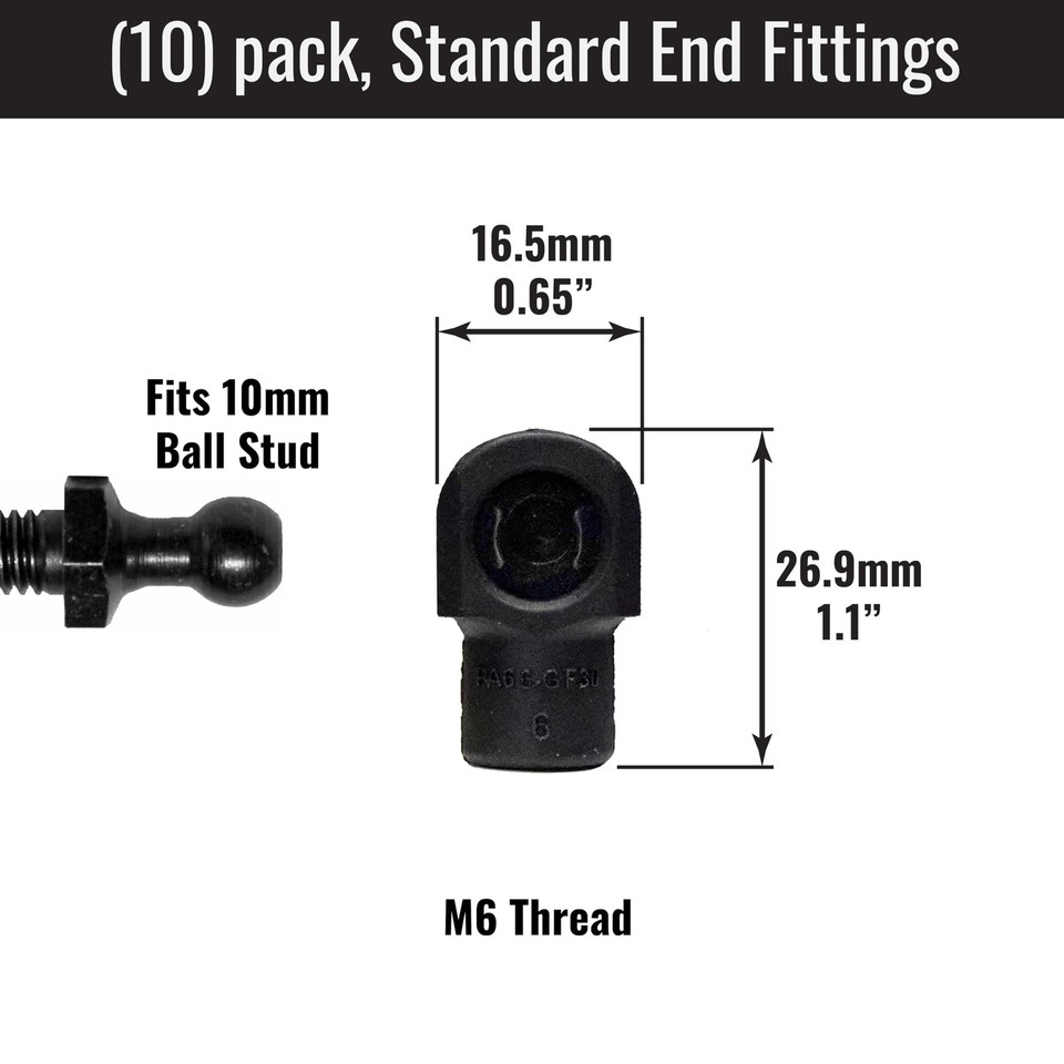 Gas Strut End Fittings for 10mm Ball-Stud (10 Pack) - Black M6 Female ...
