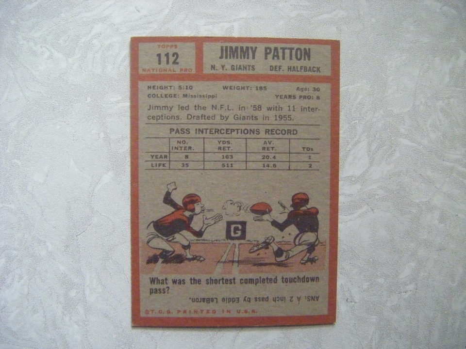 1962 Topps Football 112 Jimmy Patton EX-MT | eBay